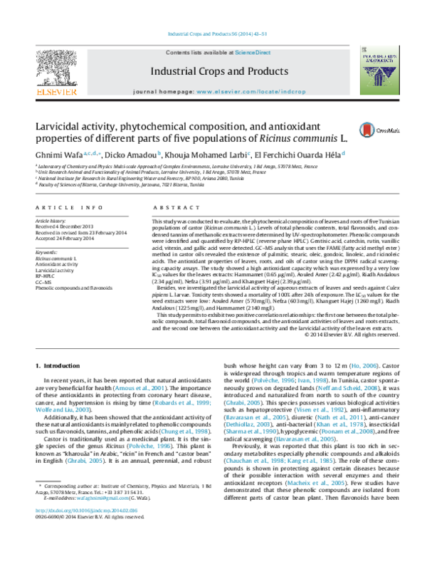 (PDF) Larvicidal activity, phytochemical composition, and antioxidant ...