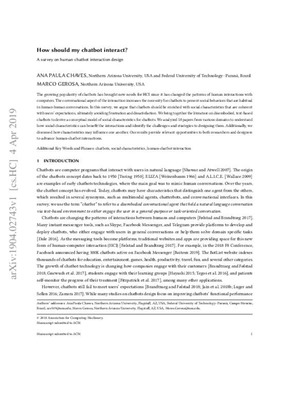 (PDF) How should my chatbot interact? A survey on human-chatbot ...