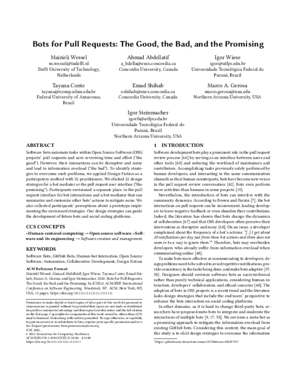 (PDF) Bots for Pull Requests: The Good, the Bad, and the Promising