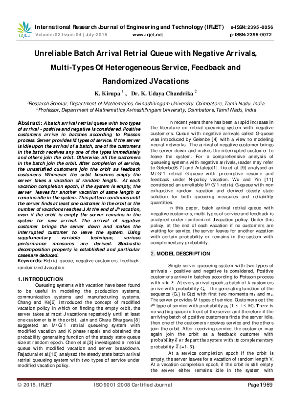 (PDF) Unreliable Batch Arrival Retrial Queue with Negative Customers, Multi-Types of ...