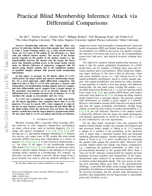 (PDF) Practical Blind Membership Inference Attack via Differential Comparisons