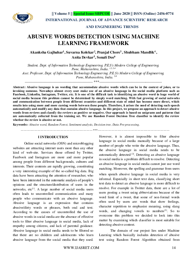 (PDF) Abusive Words Detection Using Machine Learning Framework