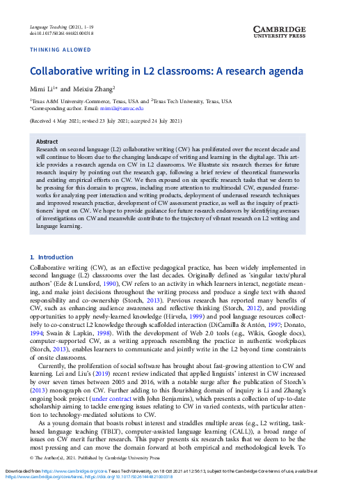 (PDF) Collaborative writing in L2 classrooms: A research agenda