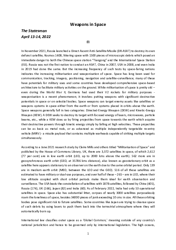 (PDF) Weaponization of Space