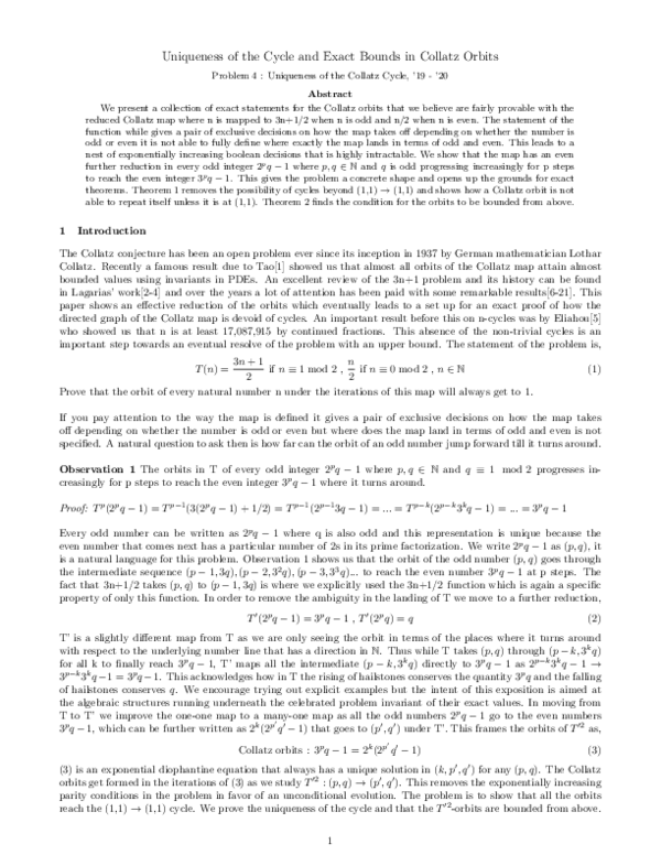 Pdf Uniqueness Of The Cycle And Exact Bounds In Collatz Orbits