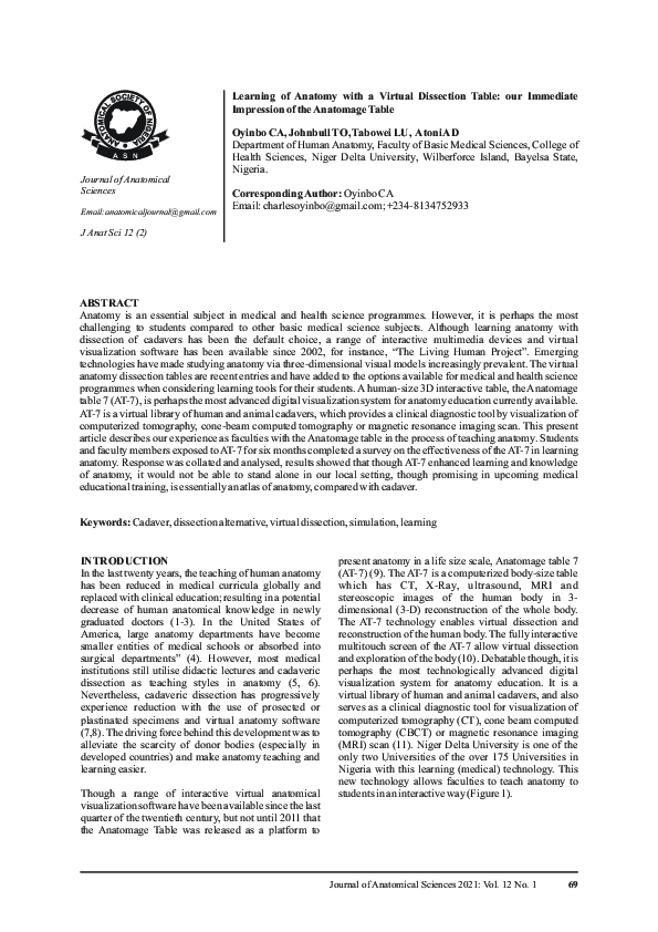 (PDF) Learning of Anatomy with a Virtual Dissection Table: our Immediate Impression of the ...