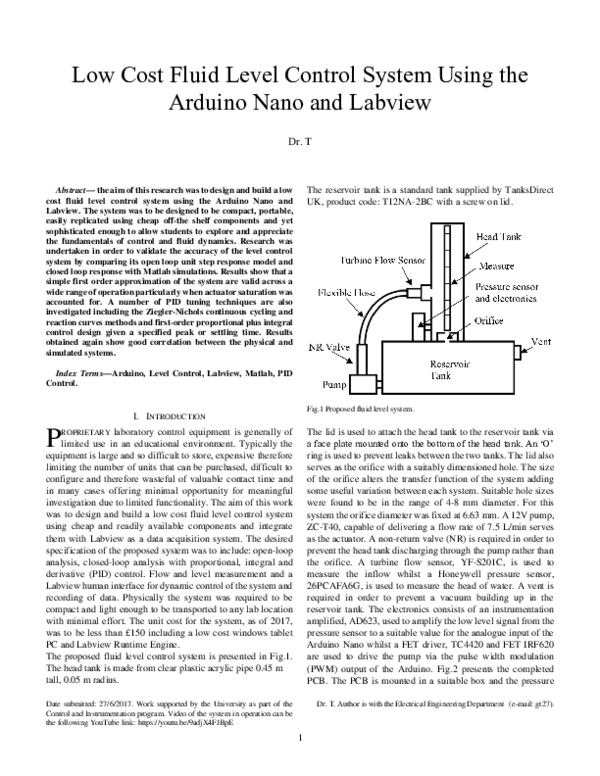 Pdf Low Cost Fluid Level Control System Using The Arduino Nano And Labview