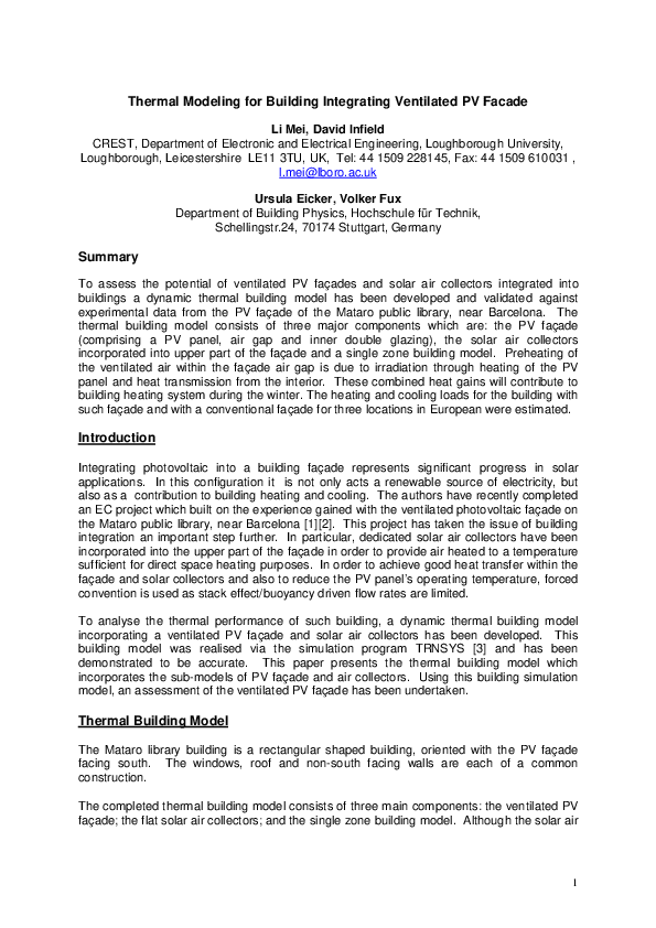 (PDF) Thermal Modeling for Building Integrating Ventilated PV Facade