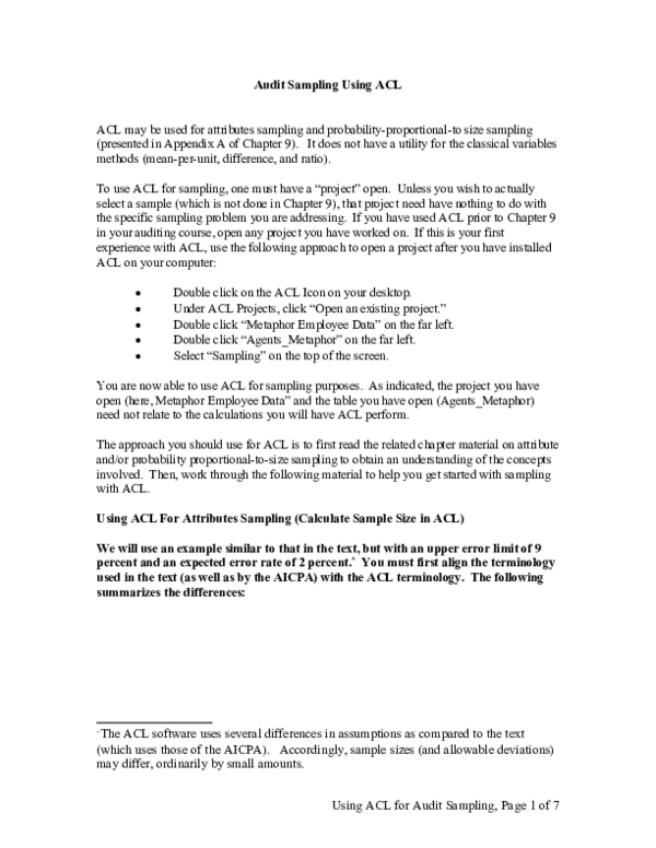 (DOC) Audit Sampling Using ACL