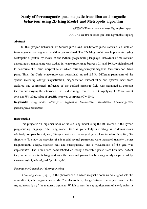 (PDF) Study of ferromagnetic-paramagnetic transition and magnetic behaviour using 2D Ising Model ...
