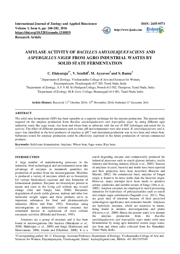 (PDF) Amylase Production from Bacillus and Aspergillus Using SSF
