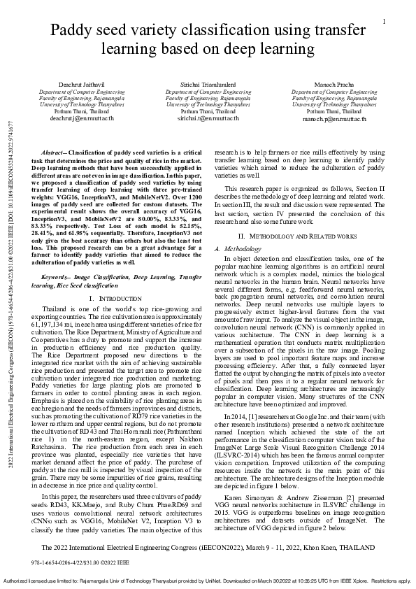 Pdf Paddy Seed Variety Classification Using Transfer Learning Based On Deep Learning