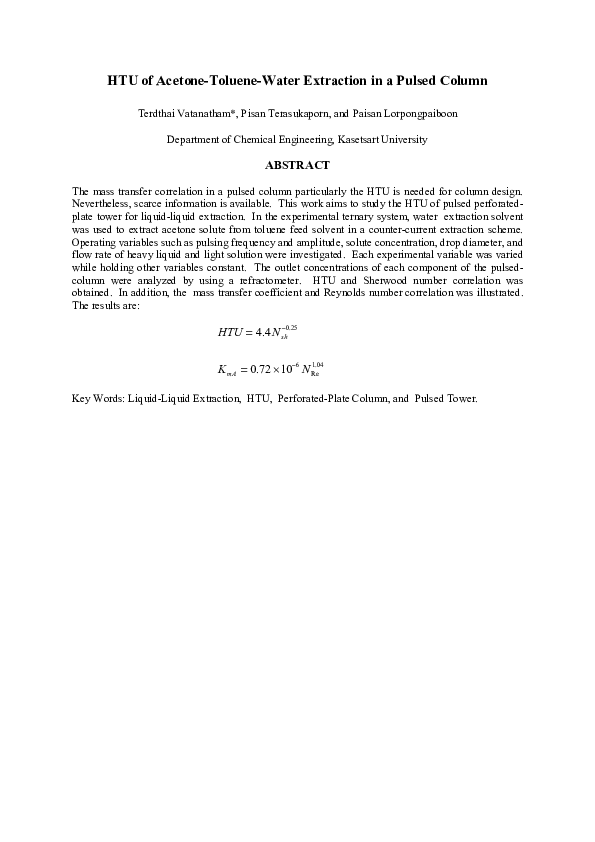 (PDF) HTU of Acetone-Toluene-Water Extraction in a Pulsed Column