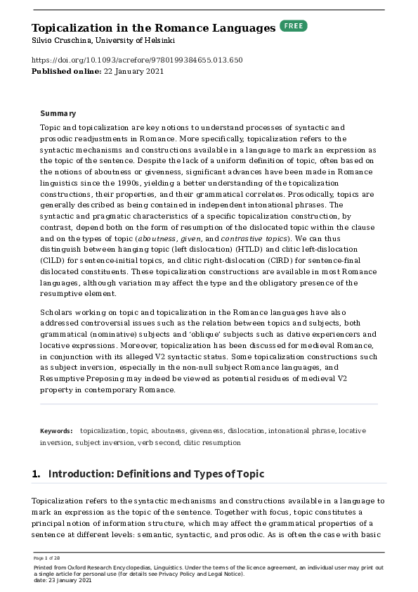 Topicalization in the Romance Languages