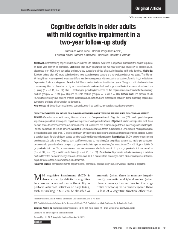 (PDF) Cognitive deficits in older adults with mild cognitive impairment ...