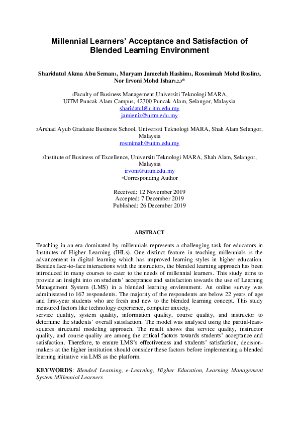 (PDF) Millennial Learners’ Acceptance and Satisfaction of Blended Learning Environment