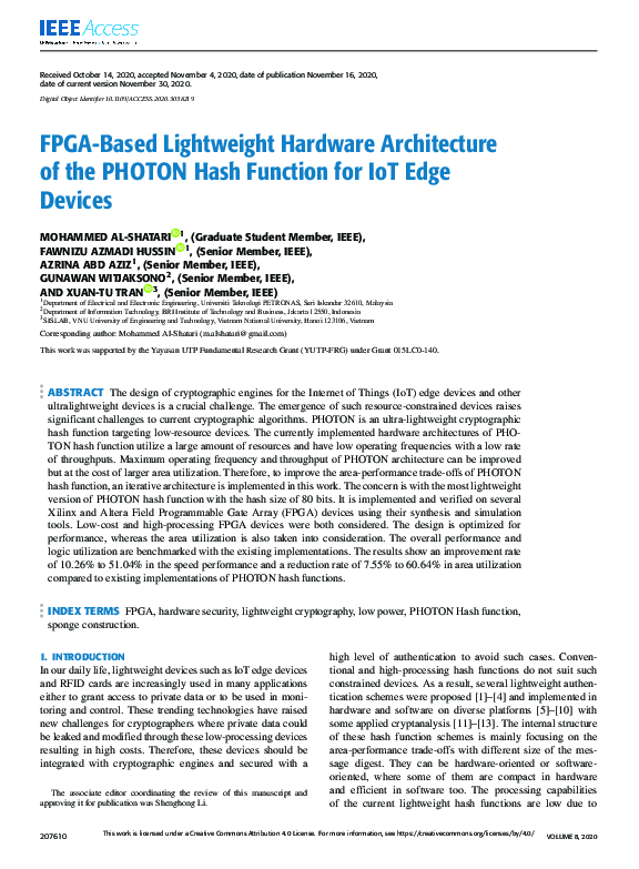 (PDF) FPGA-Based Lightweight Hardware Architecture of the PHOTON Hash Function for IoT Edge Devices