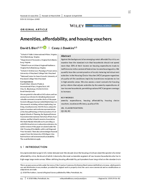 (PDF) Amenities, Affordability, and Housing Vouchers | David Bieri ...