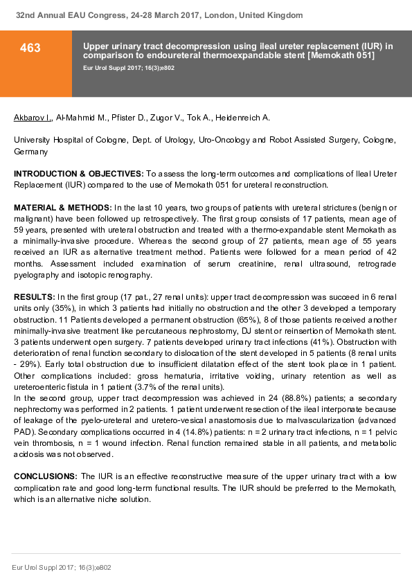 Pdf Upper Urinary Tract Decompression Using Ileal Ureter Replacement Iur In Comparison To
