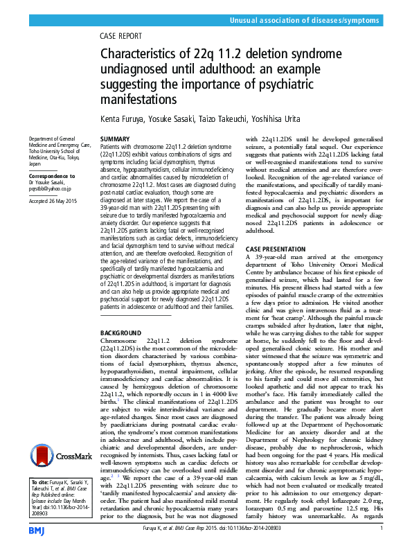 (PDF) Characteristics of 22q 11.2 deletion syndrome undiagnosed until ...