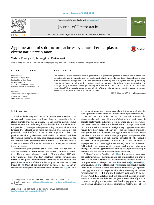(PDF) Agglomeration of sub-micron particles by a non-thermal plasma ...