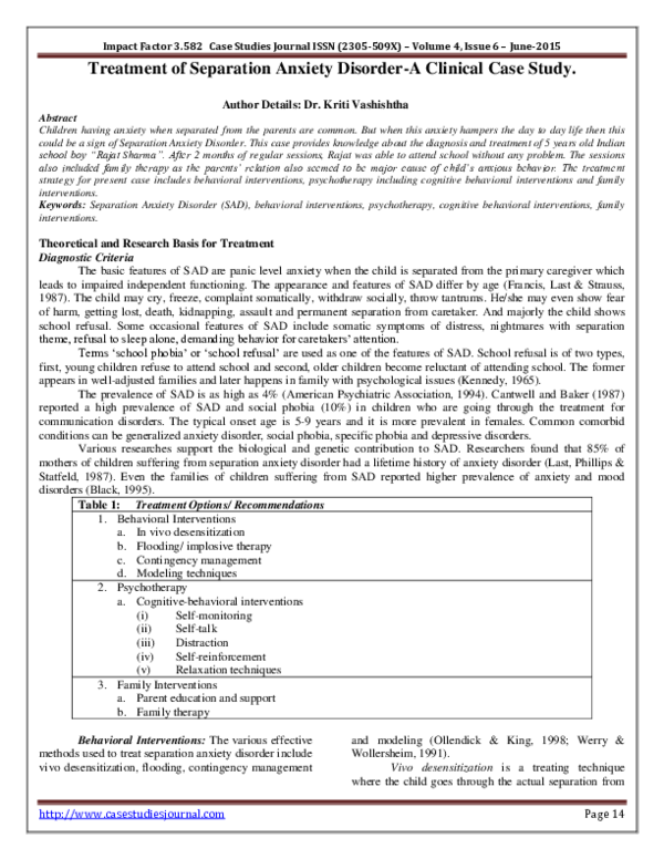 (PDF) Treatment of Separation Anxiety Disorder-A Clinical Case Study