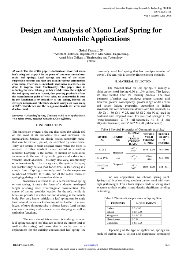 (PDF) Design and Analysis of Mono Leaf Spring for Automobile Applications