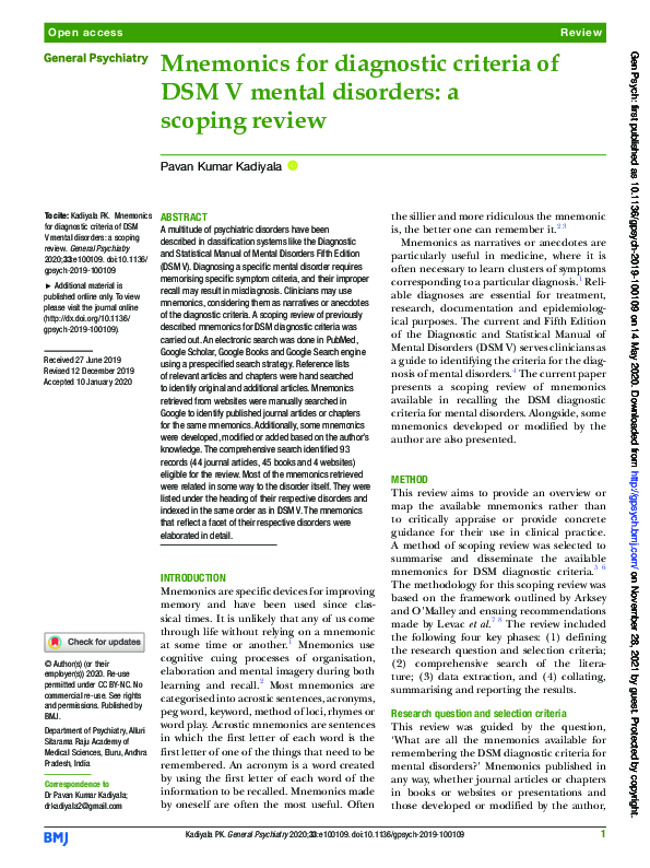 (PDF) Mnemonics for diagnostic criteria of DSM V mental disorders: a ...