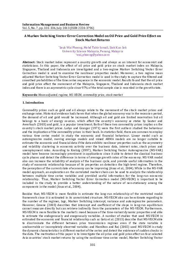 Pdf A Markov Switching Vector Error Correction Model On Oil Price And Gold Price Effect On