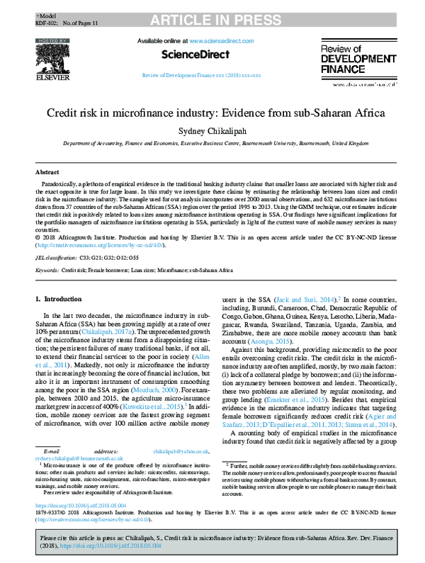 (PDF) Credit risk in microfinance industry: Evidence from sub-Saharan ...