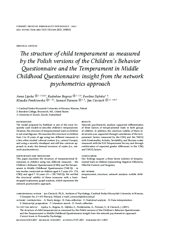 (PDF) The structure of child temperament as measured by the Polish ...