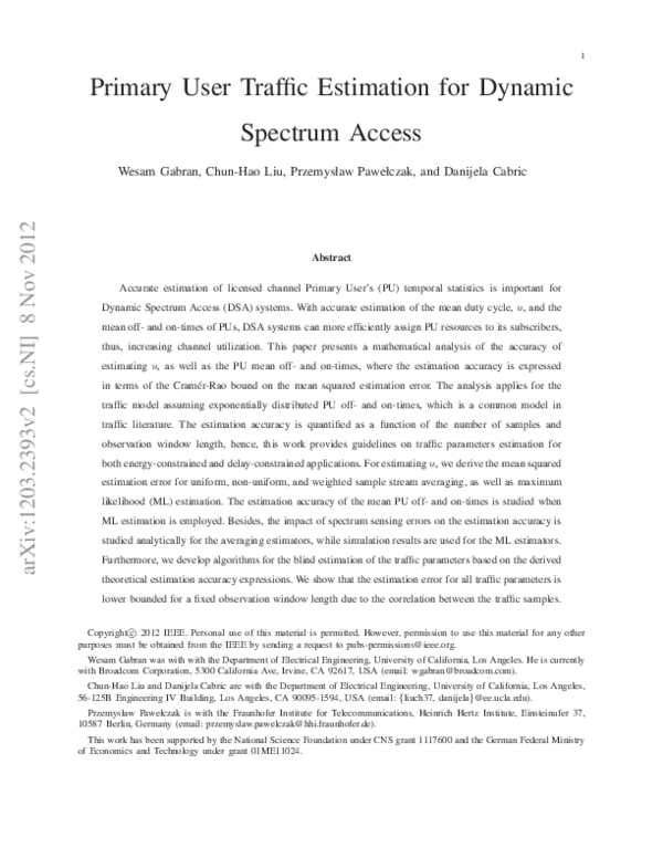 (PDF) Primary User Traffic Estimation for Dynamic Spectrum Access