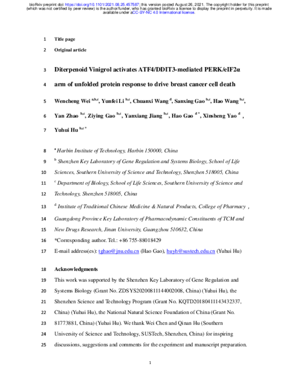 (PDF) Diterpenoid Vinigrol activates ATF4/DDIT3-mediated PERK/eIF2α arm ...