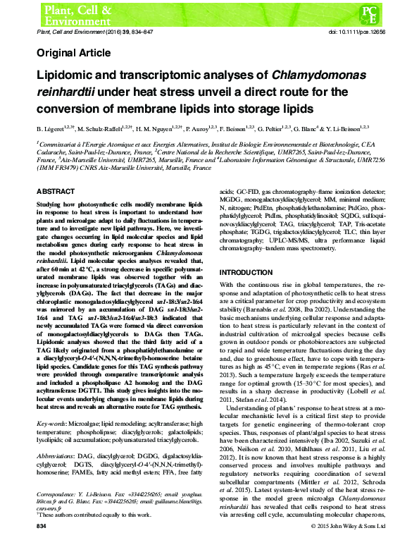 Pdf Lipidomic And Transcriptomic Analyses Of Chlamydomonas