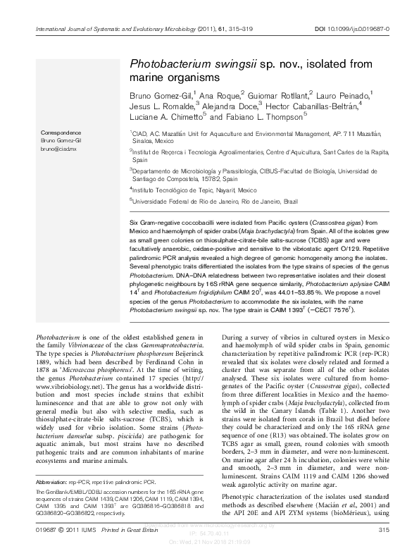 (PDF) Photobacterium swingsii sp. nov., isolated from marine organisms