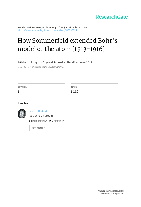 (PDF) How Sommerfeld extended Bohr’s model of the atom (1913–1916)