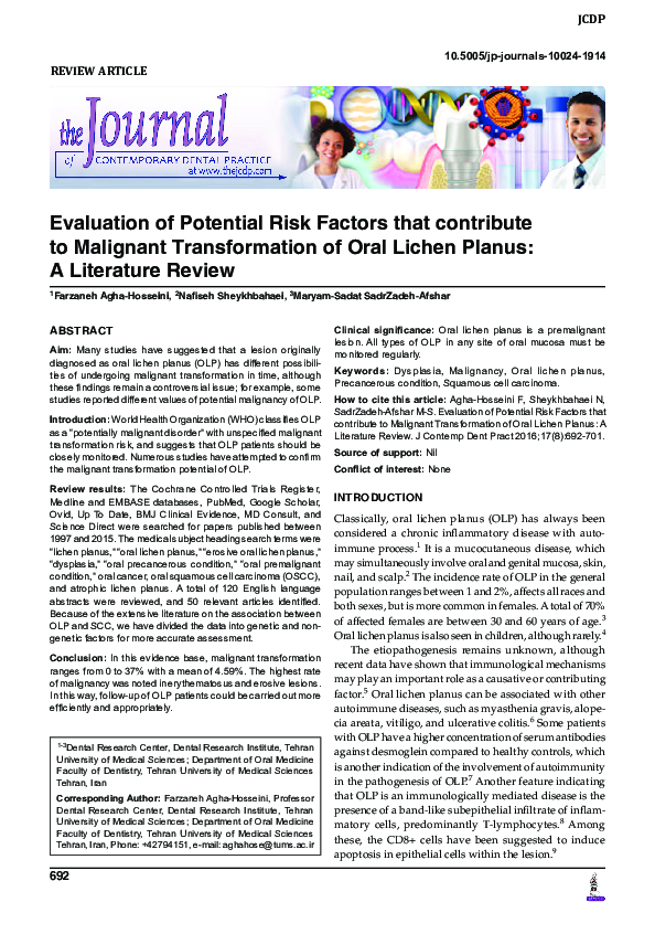 (PDF) Evaluation of Potential Risk Factors that contribute to Malignant Transformation of Oral ...