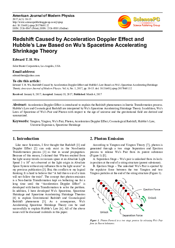 (PDF) Redshift Caused by Acceleration Doppler Effect and Hubble’s Law Based on Wu’s Spacetime ...
