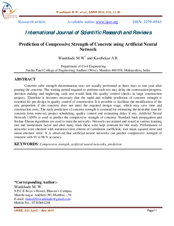 Pdf Prediction Of Compressive Strength Of Concrete Using Artificial Neural Network