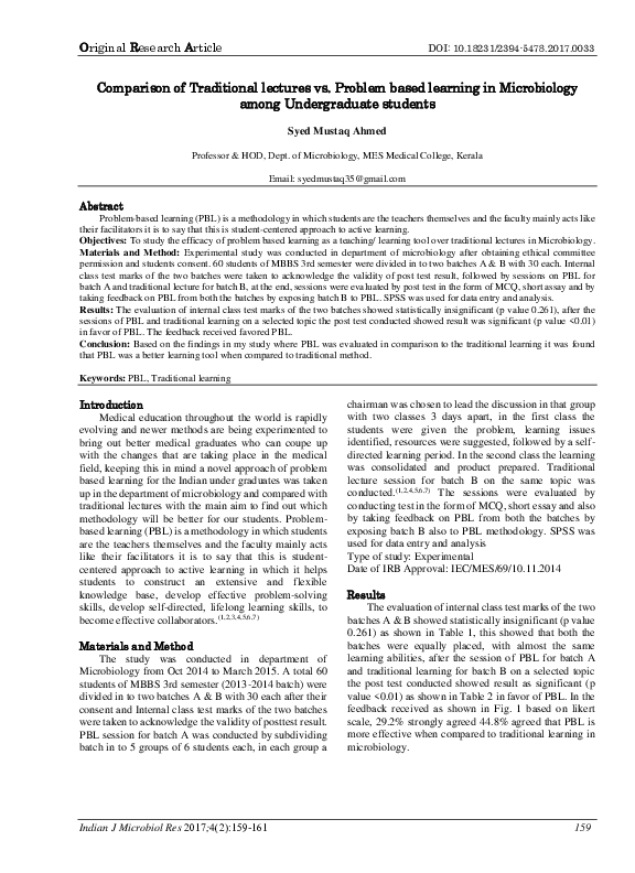 (PDF) PBL vs Traditional Lectures in Microbiology