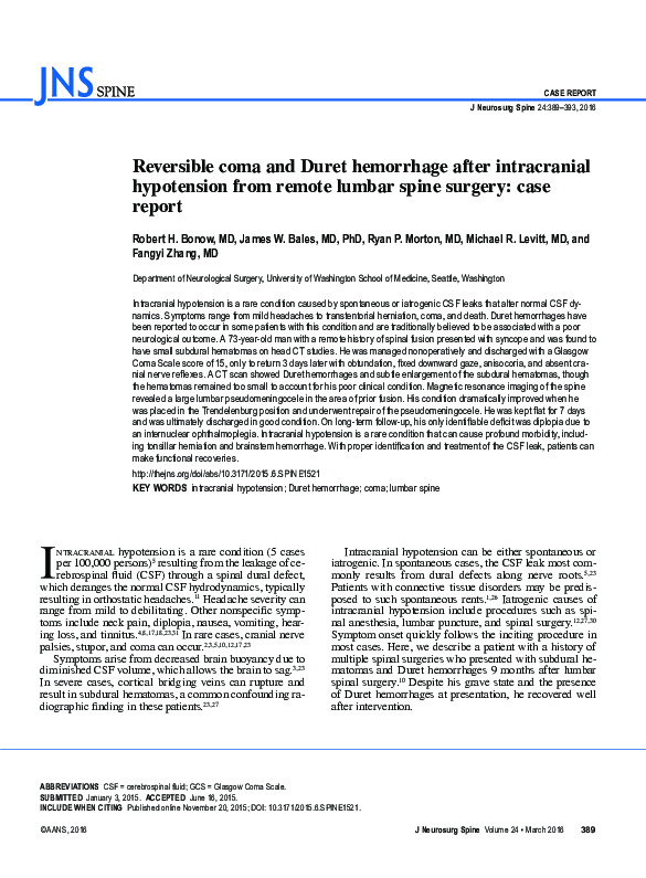 (PDF) Reversible coma and Duret hemorrhage after intracranial ...