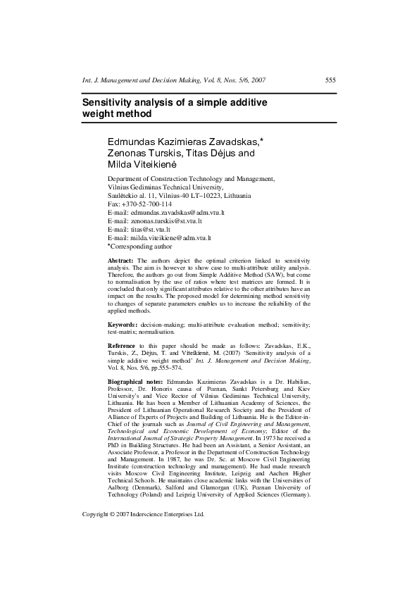 (PDF) Sensitivity analysis of a simple additive weight method