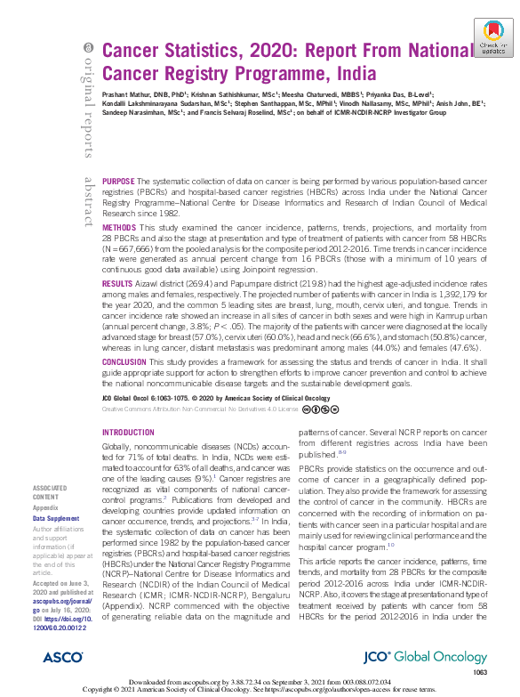 (PDF) Cancer Statistics, 2020: Report From National Cancer Registry ...