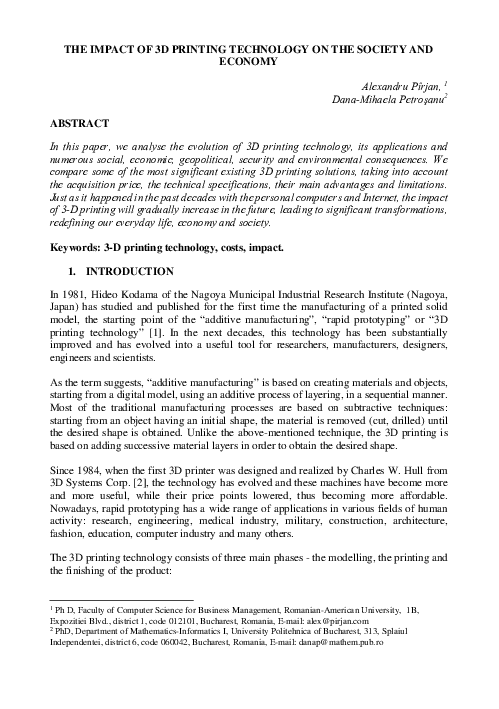 (PDF) The Impact Of 3d Printing Technology On The Society And Economy