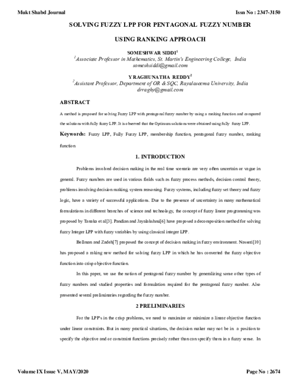 Pdf Solving Fuzzy Lpp For Pentagonal Fuzzy Number Using Ranking Approach