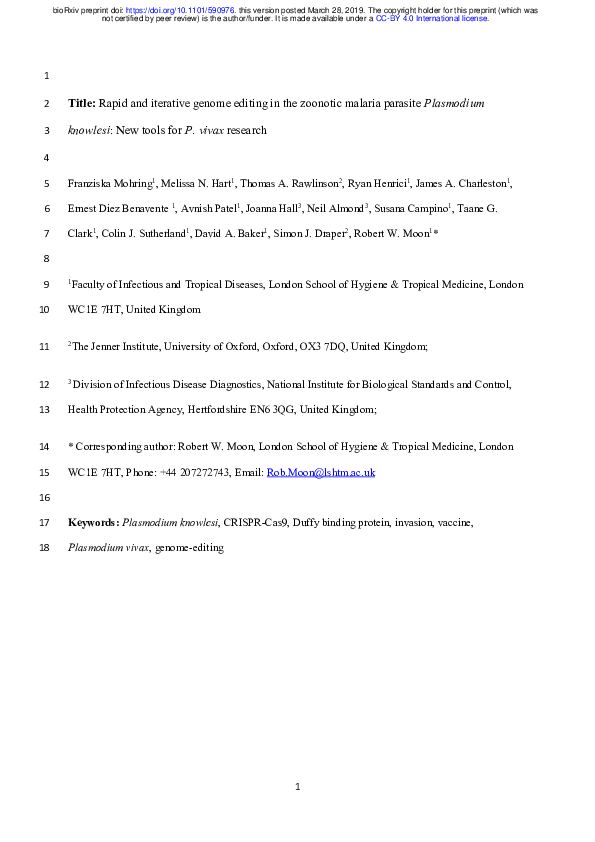 (PDF) Rapid and iterative genome editing in the zoonotic malaria ...