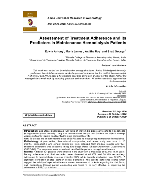 (PDF) Assessment of Treatment Adherence and Its Predictors in Maintenance Hemodialysis Patients