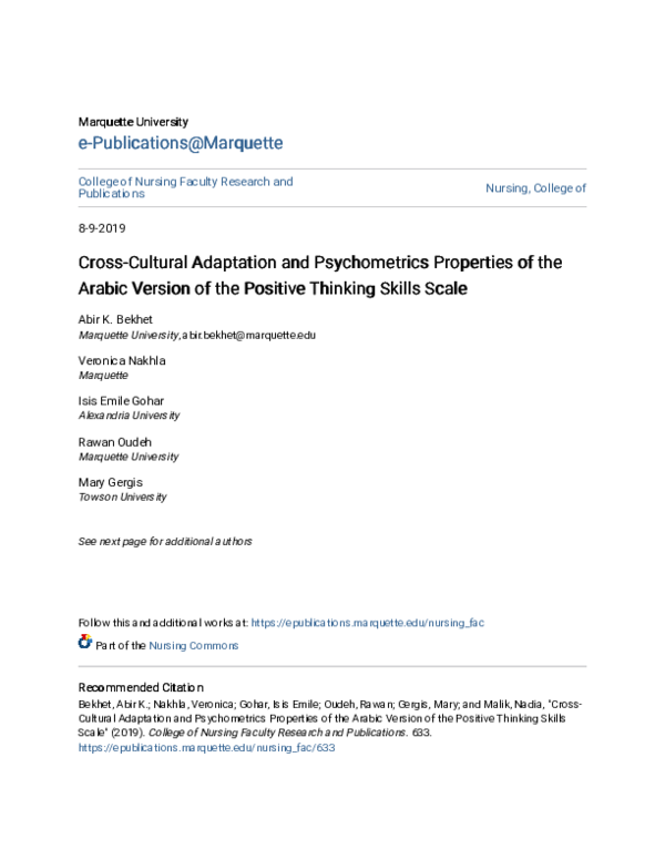 (PDF) Cross-Cultural Adaptation and Psychometrics Properties of the Arabic Version of the ...