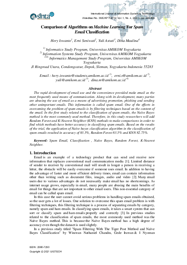 Pdf Comparison Of Algorithms On Machine Learning For Spam Email