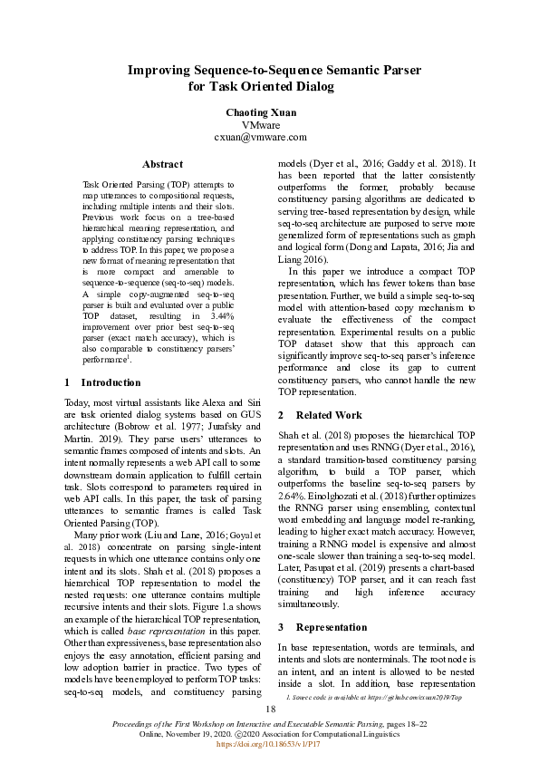Pdf Improving Sequence To Sequence Semantic Parser For Task Oriented